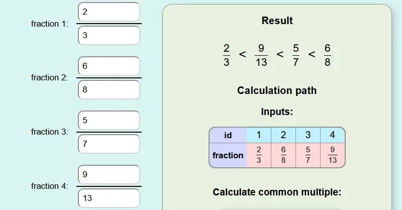 Compare or order fractions - Calculator