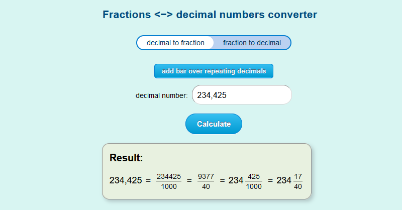 Decimal Fraction + Mixed Number Converter